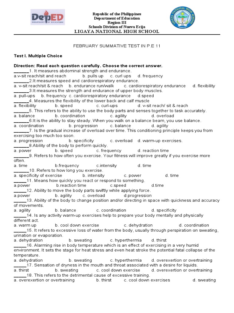 February Summative Test PE 11 | PDF | Aerobic Exercise | Hyperthermia