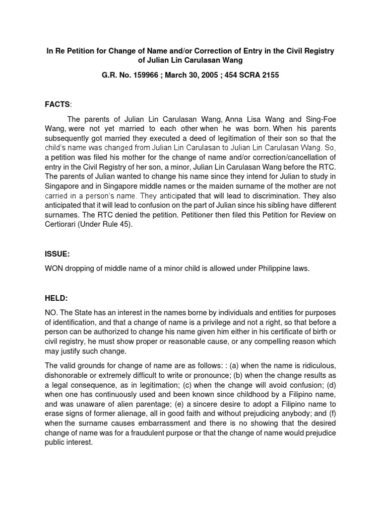 In Re Petition For Change of Name and - or Correction of Entry in The ...