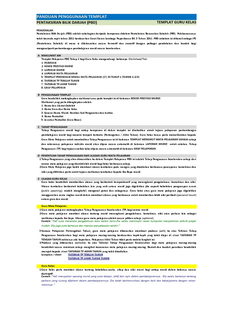 Templat Pelaporan PBD Tahun 2 SK | PDF