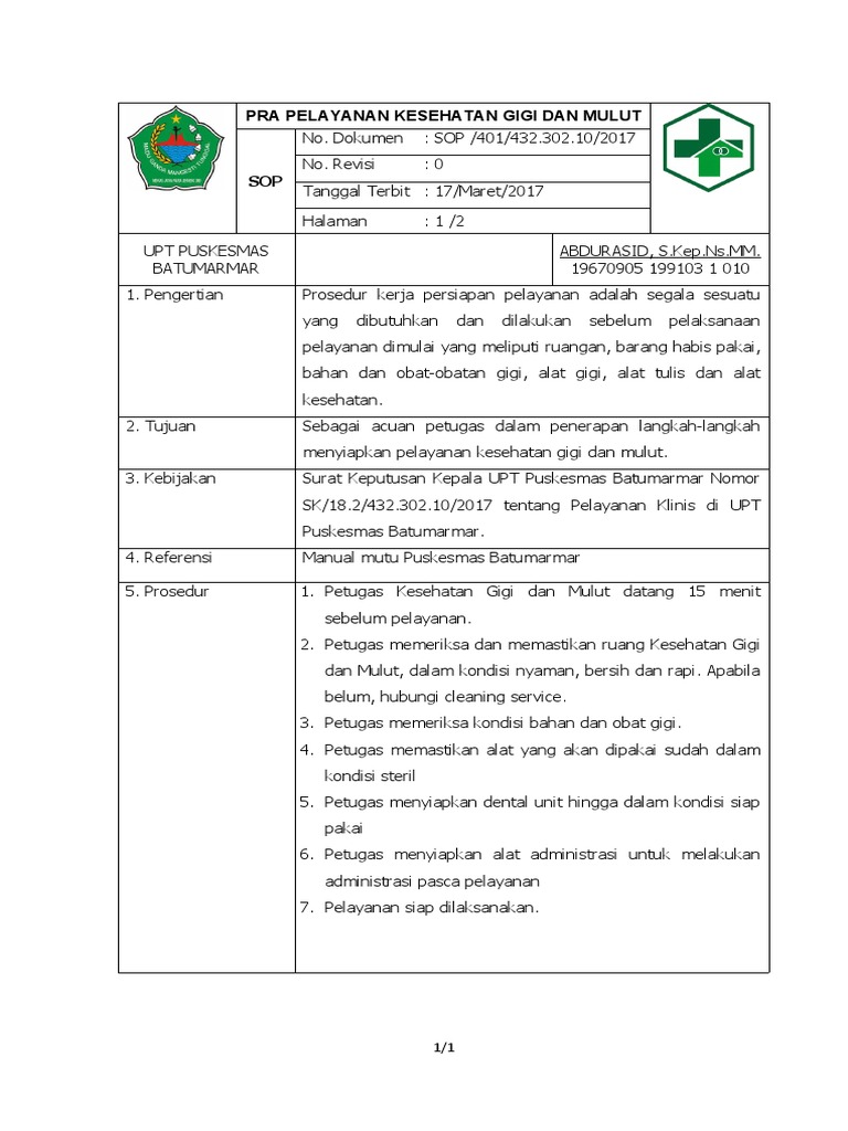 SOP Pra Pelayanan Kesehatan Gigi Dan Mulut | PDF