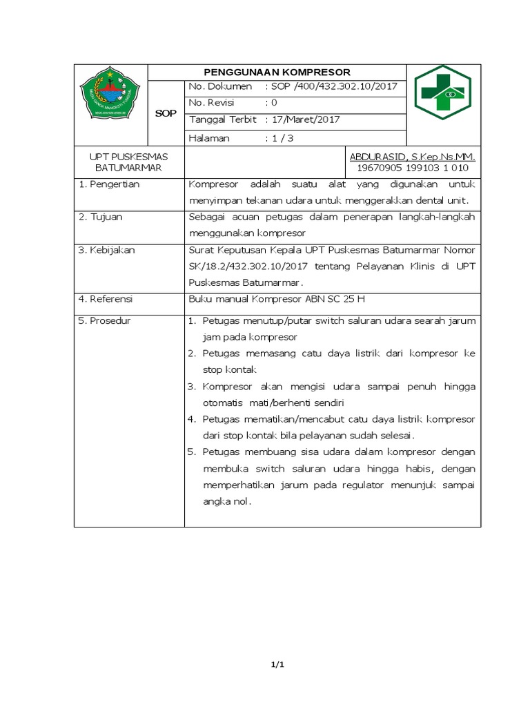 SOP Penggunaan Kompresor | PDF SOP Penggunaan Kompresor | PDF