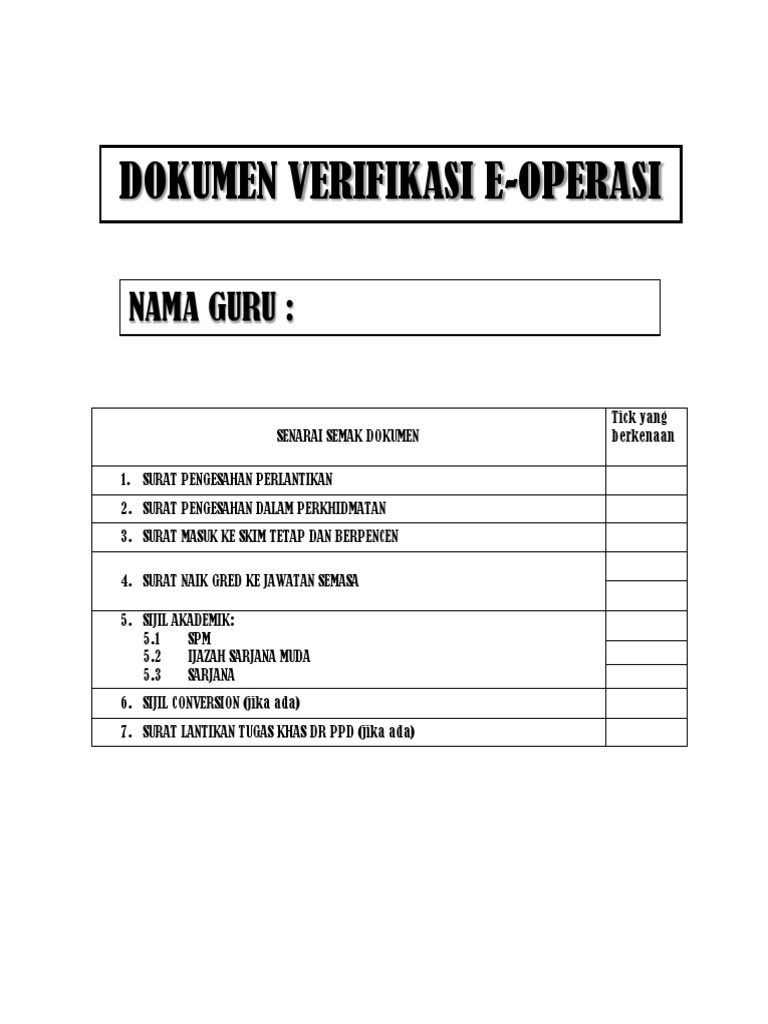 Senarai Semak Dokumen Eoperasi | PDF