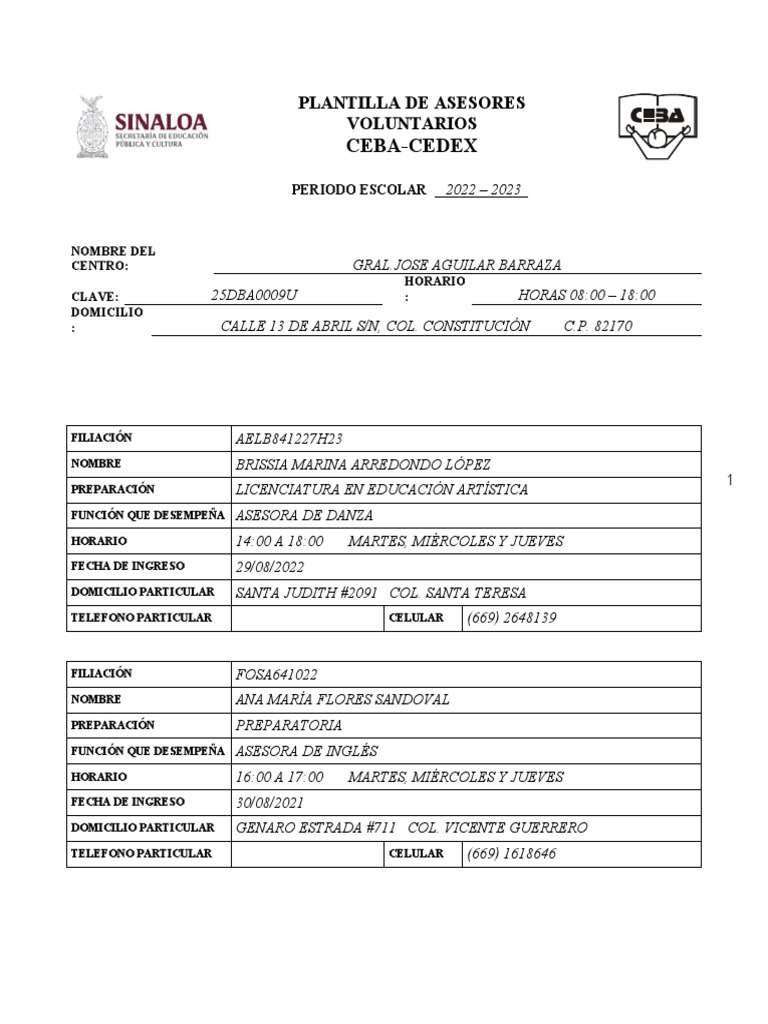 Asesores Voluntarios CEBA-CEDEX 2022-2023 | PDF