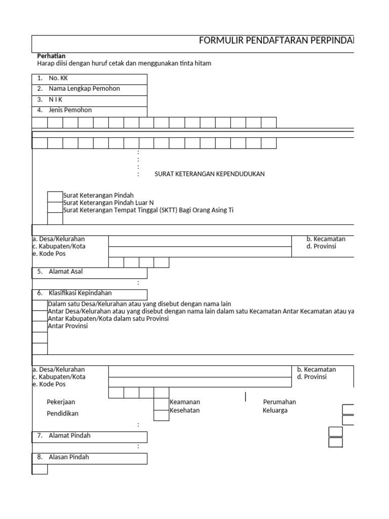 Formulir Pendaftaran Perpindahan Penduduk: Perhatian | PDF