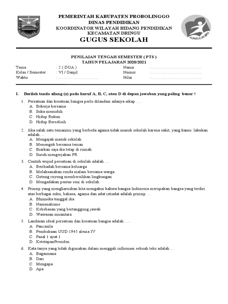 Soal PTS Ganjil Tema 2 Kelas 6 | PDF