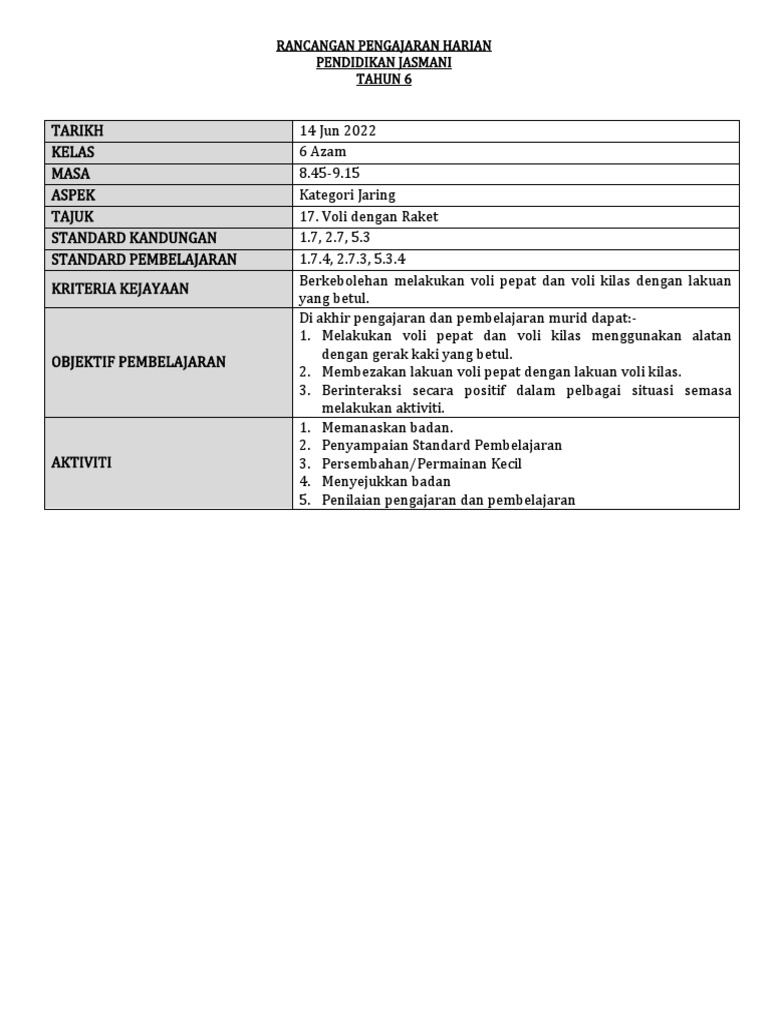 (Done) m12 RPH 10 PJ THN 6a (S) 17. Voli Dengan Raket | PDF