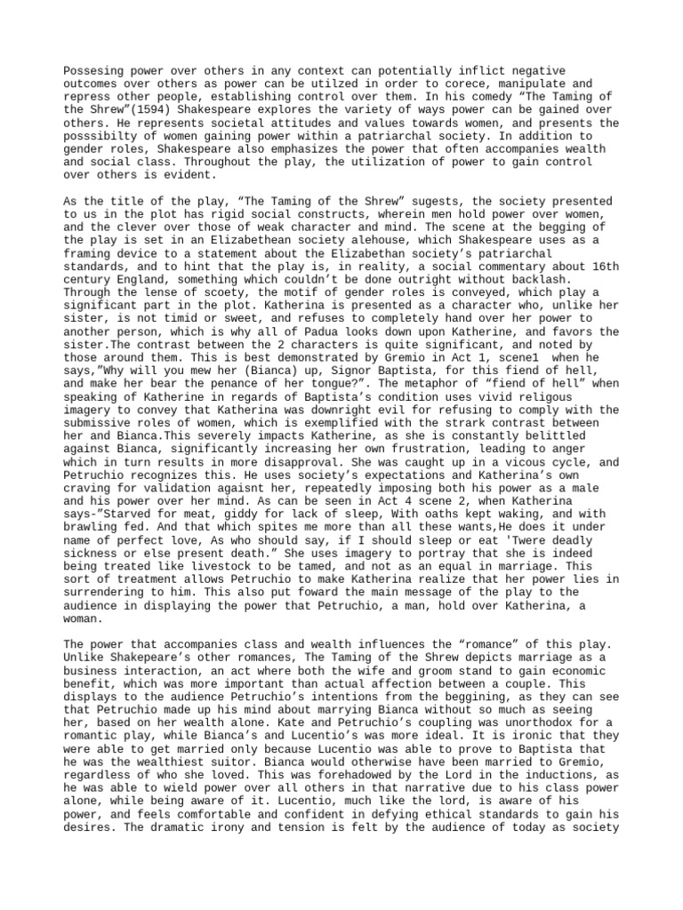 Taming of The Shrew Analysis Essay | PDF | The Taming Of The Shrew