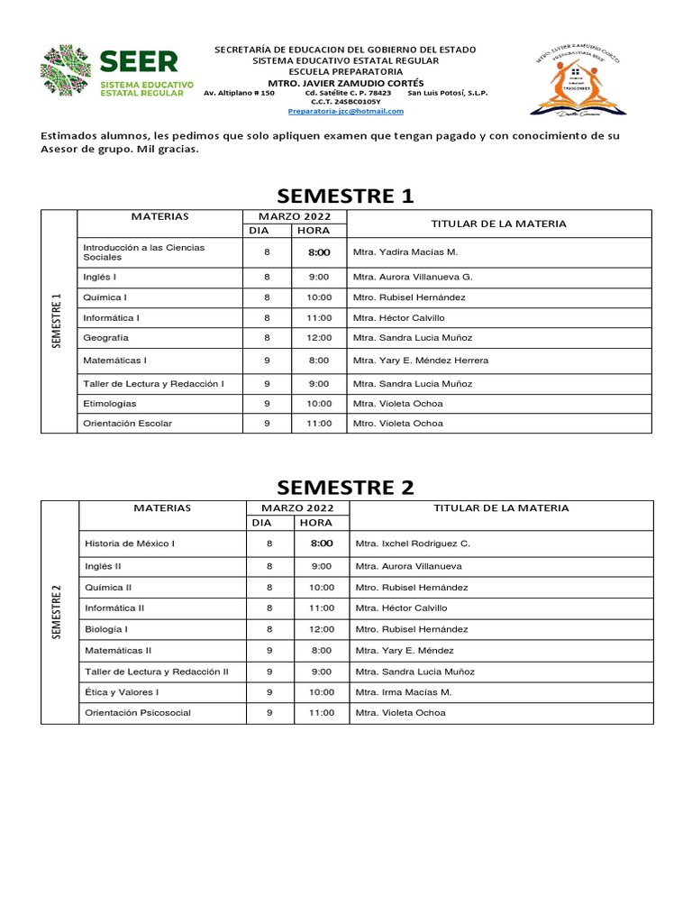 Horario de clases del primer y segundo semestre de la Preparatoria Javier Zamudio Cortés | PDF ...