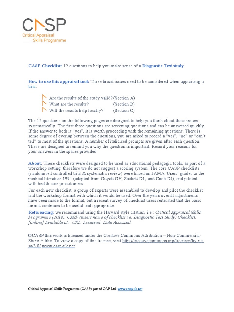 CASP-Diagnostic-Checklist 2018 Word | PDF | Sensitivity And Specificity ...