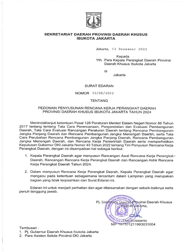 SE No 53 THN 2022 TTG Pedoman Penyusunan Renja PD Tahun 2024 | PDF