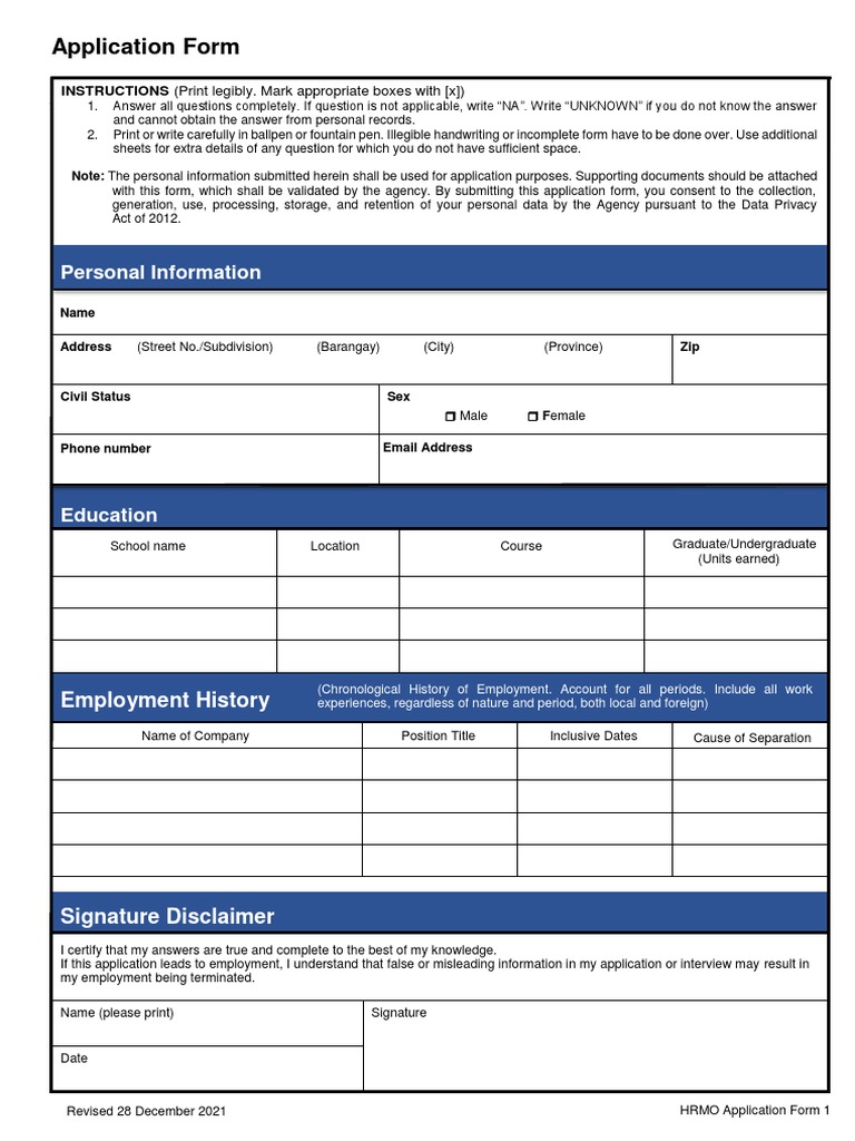 HRMO Application Form Revised | PDF