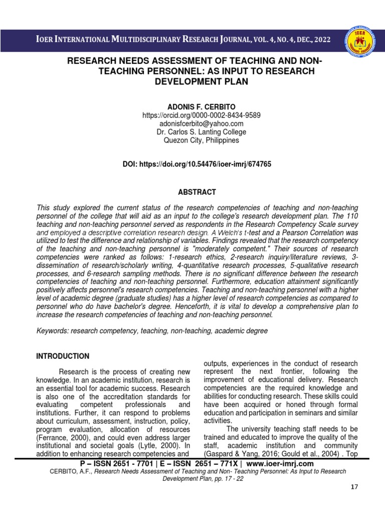 Research Needs Assessment of Teaching and Non - Teaching Personnel As Input To Research ...