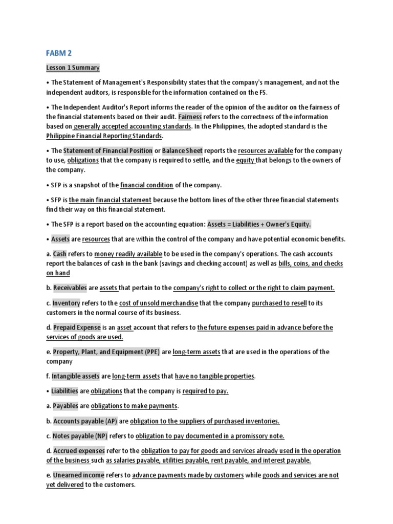 FABM 2 Lesson 1 2 3 4 5 Summary | Download Free PDF | Debits And Credits | Balance Sheet