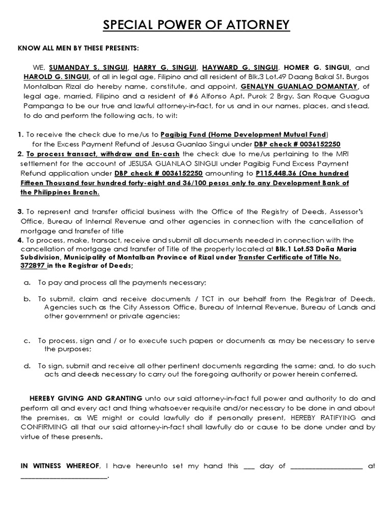 SPECIAL POWER OF ATTORNEY FORMAT Singui | PDF | Power Of Attorney ...