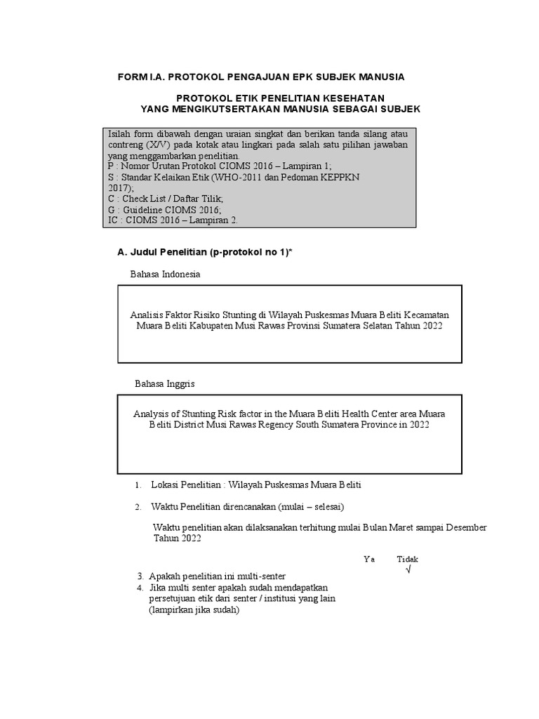 FORM I PROTOKOL PENELITIAN RESPONDEN MANUSIA RENY Fix | PDF