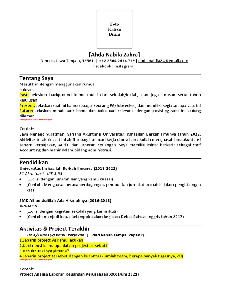 Contoh CV Non Pengalaman Kerja | PDF
