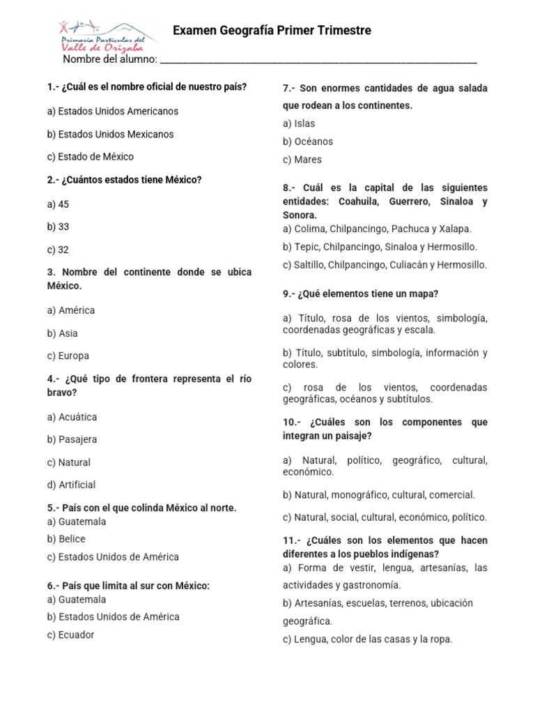 Examen de Geografía para Primer Trimestre | PDF | México | Américas
