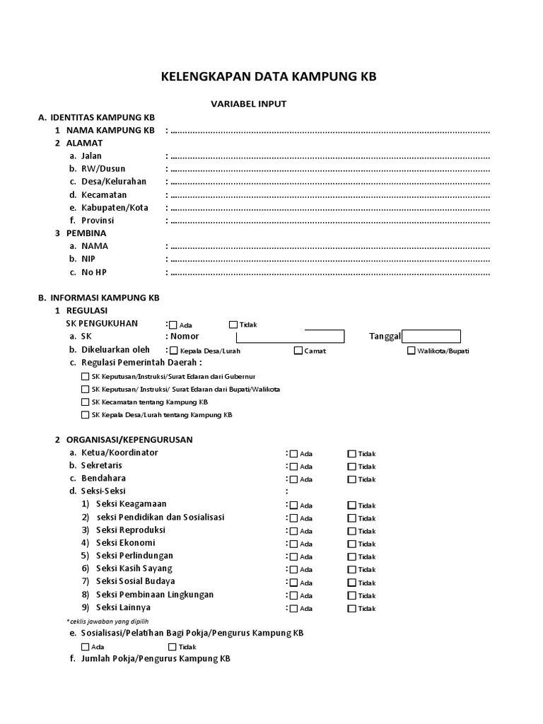 Kelengkapan Data Kampung KB - Ws | PDF