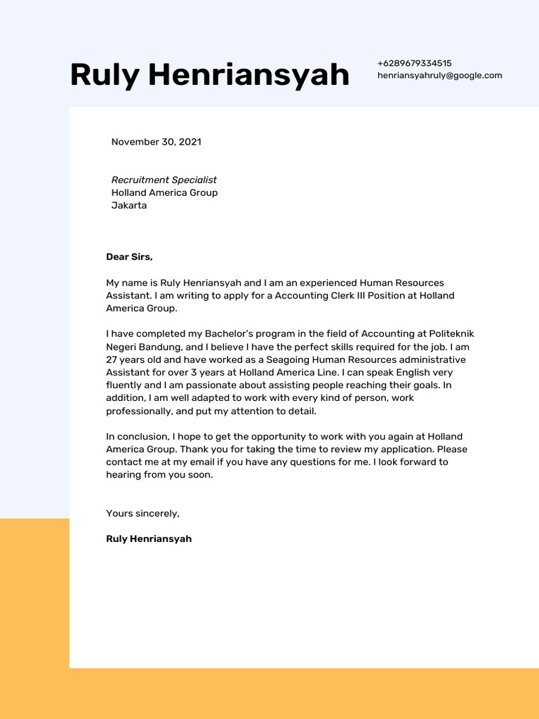 A Tailored Cover Letter for an Accounting Clerk Position at Holland ...
