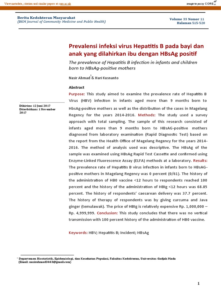 Prevalensi Infeksi Virus Hepatitis B Pada Bayi Dan Anak Yang Dilahirkan Ibu Dengan Hbsag Positif ...