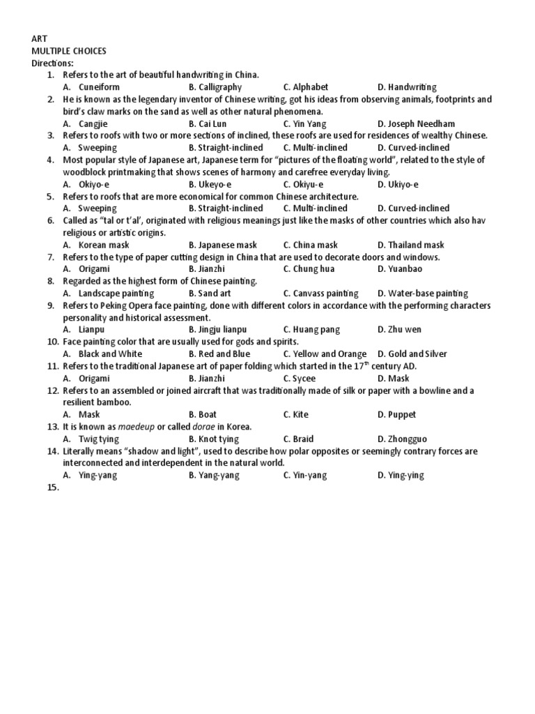 Art and Chinese Characters Multiple Choice Quiz | PDF