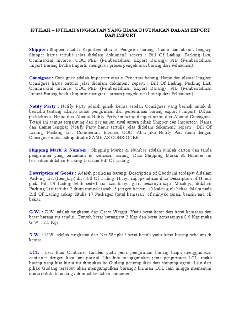 Istilah Singkatan Dalam Export & Import | PDF