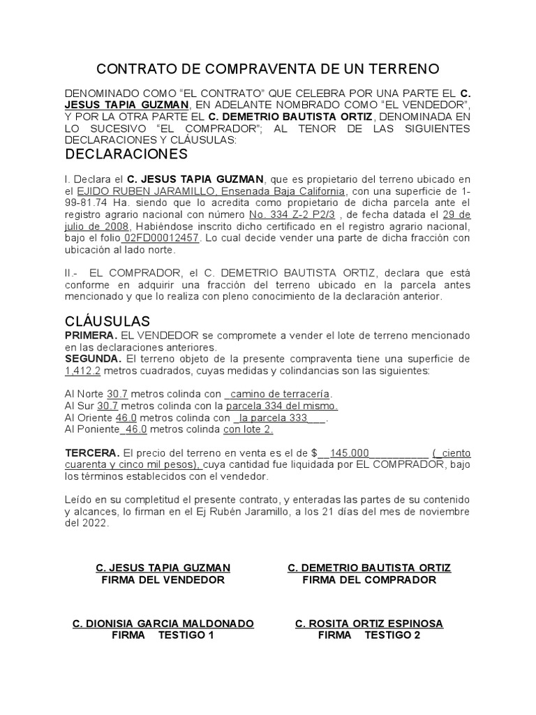 Formato de Contrato de Compraventa de Terreno | PDF Formato de Contrato de Compraventa de Terreno | PDF