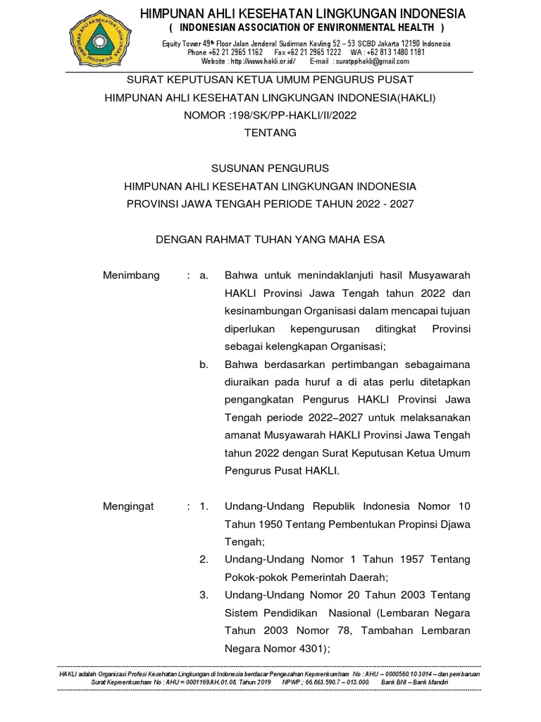 198-SK-II-2022 SK PENGURUS HAKLI JAWA TENGAH-2 (Ber KTA) - 1 | PDF