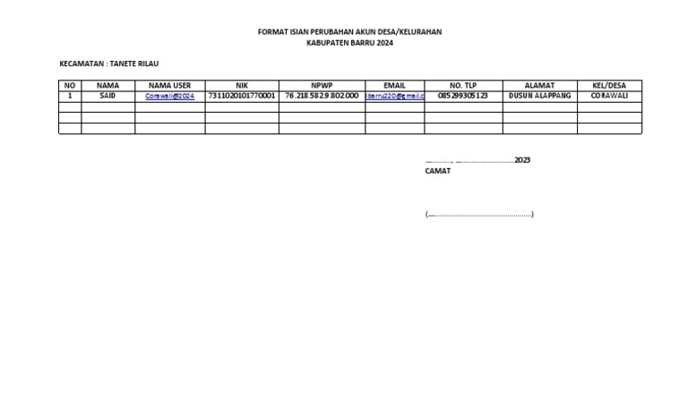 Format Perubahan Akun SIPD Desa - Kelurahan | PDF
