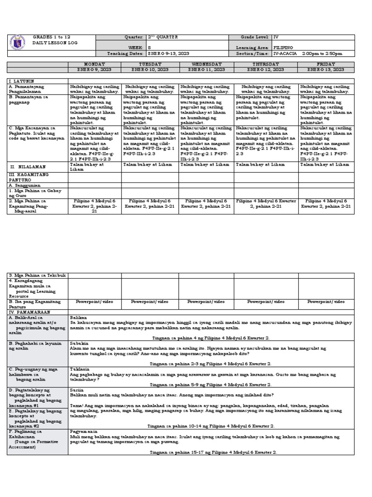 DLL Q2 W8 G4-Filipino | PDF