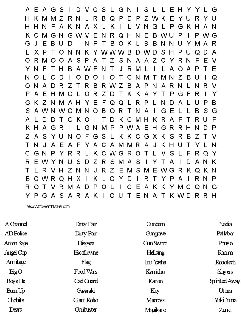 Anime Titles Word Search Sample | PDF