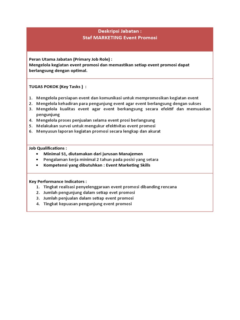 Jobdes Marketing - Staf Promosi Dan Event | PDF