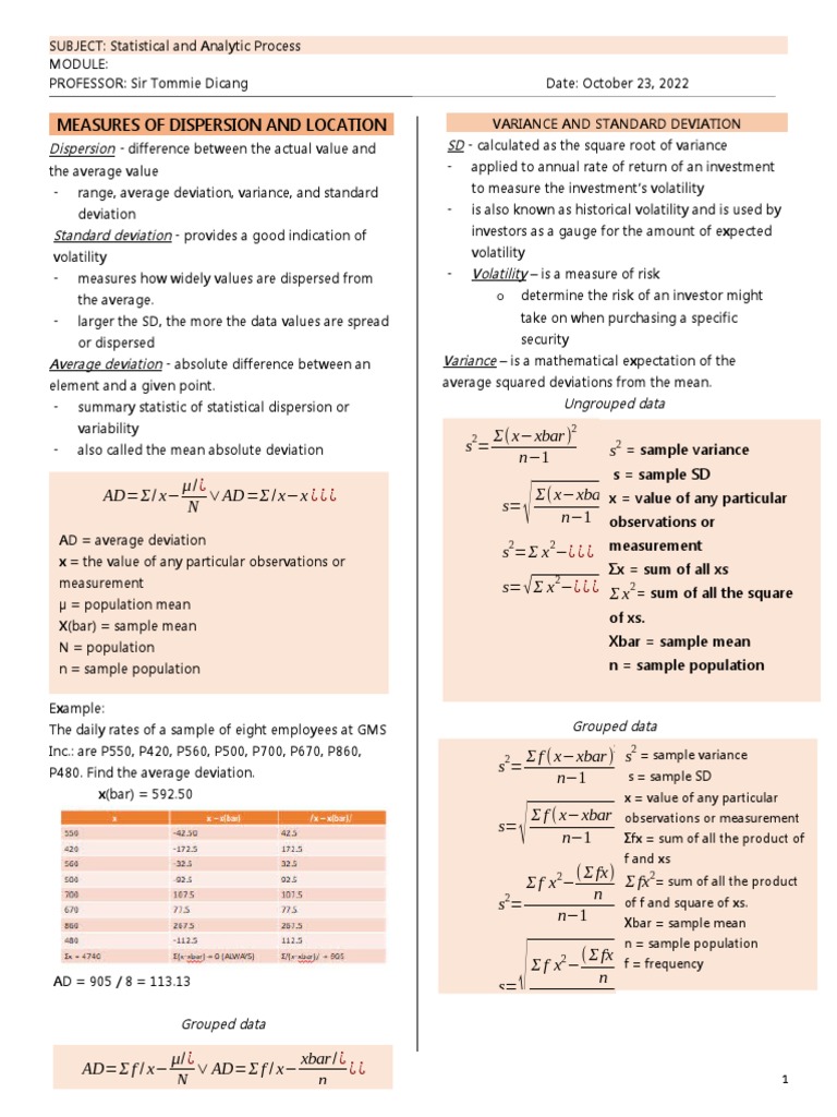 Statistics Midterms Notes Pdf Standard Deviation Coefficient Of