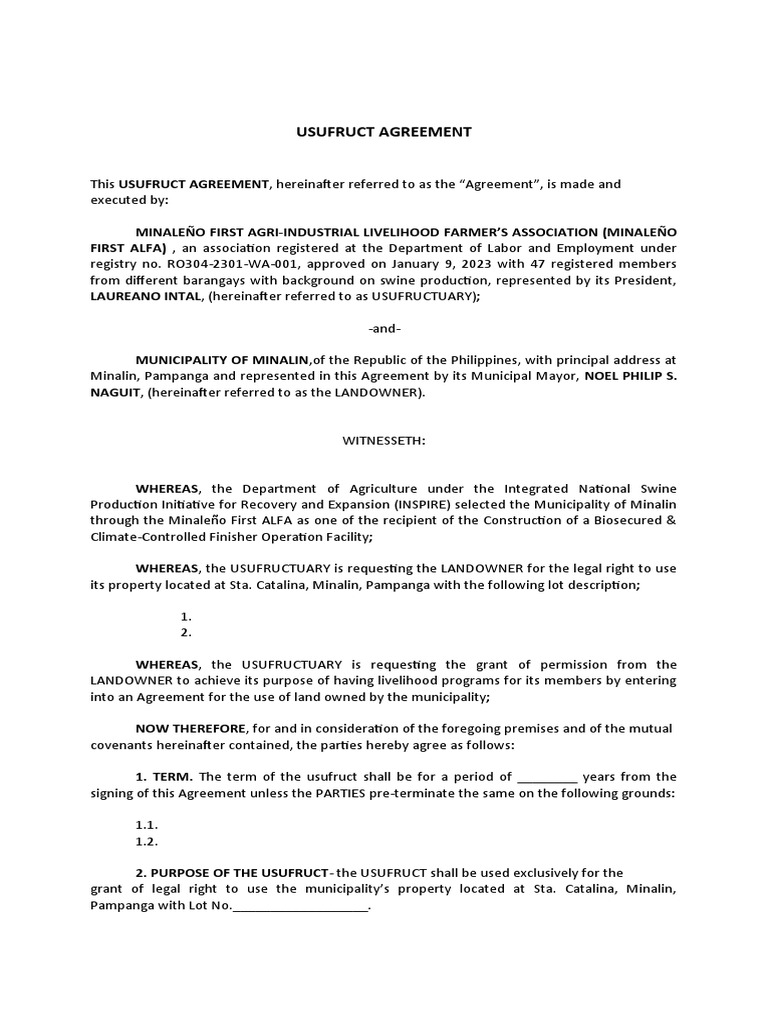Sample Usufruct Agreement | PDF | Breach Of Contract | Property