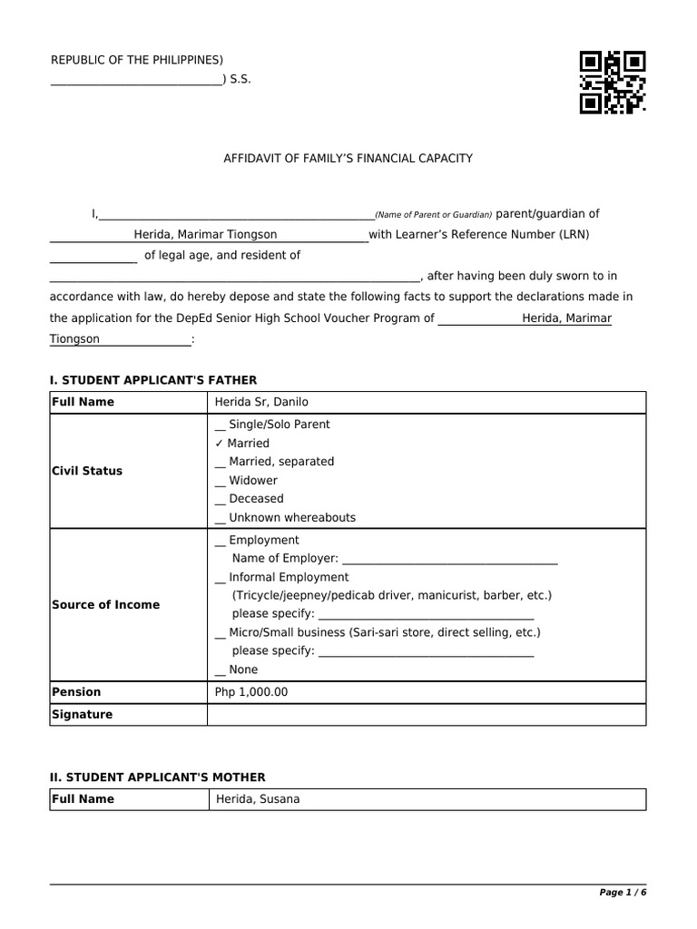 21-SSQUEJFD - Affidavit of Family Financial Capacity | PDF | Affidavit ...