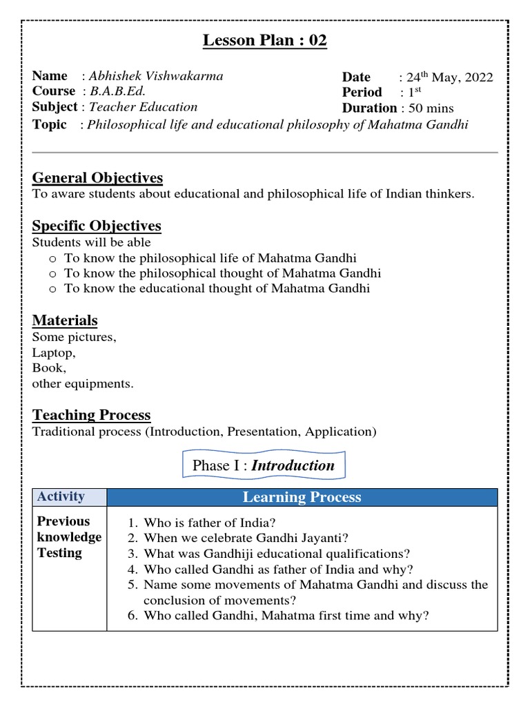 Lesson Plan 02 | PDF | Mahatma Gandhi | Philosophy Of Education