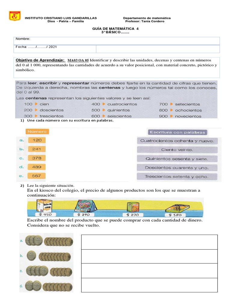 3° Básico MATEMÁTICAS - Unidad #1 - Guía Nº4 - Escritura de Números ...