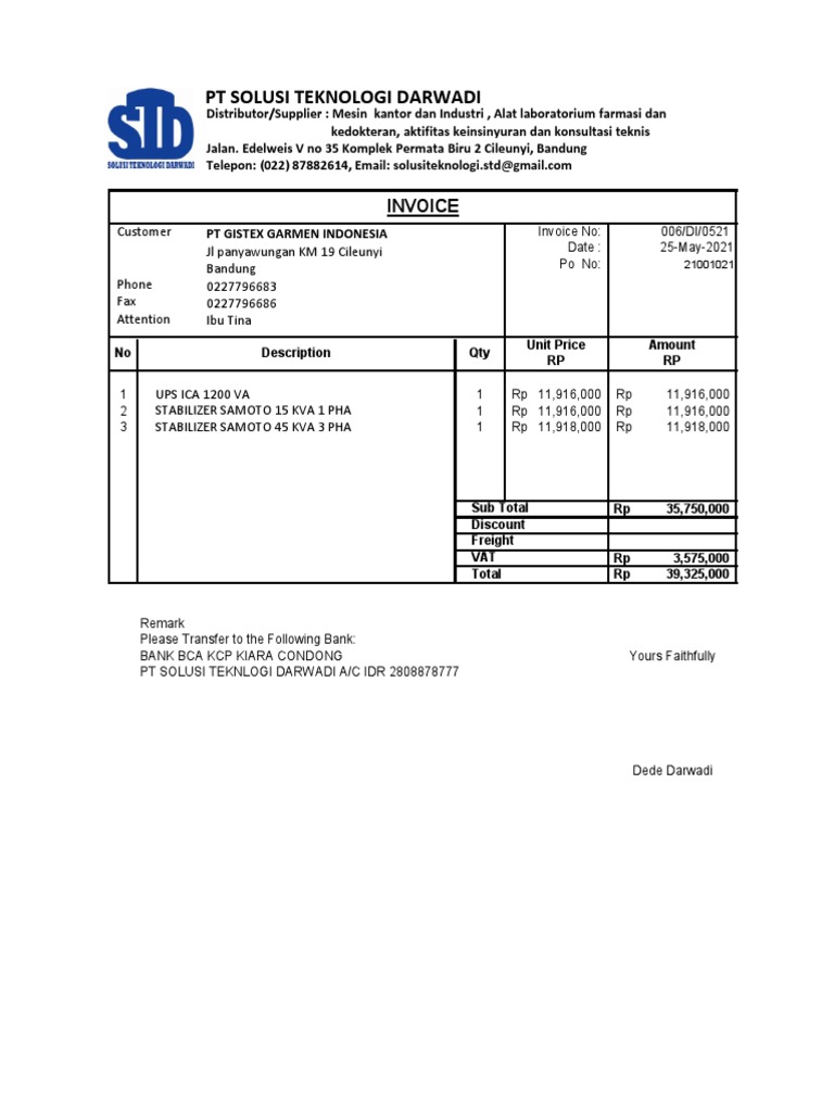 Invoice PT Gistex Garmen Indonesia | PDF