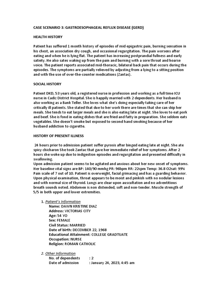 Case Scenario 3 Gerd | PDF | Gastroesophageal Reflux Disease | Causes ...
