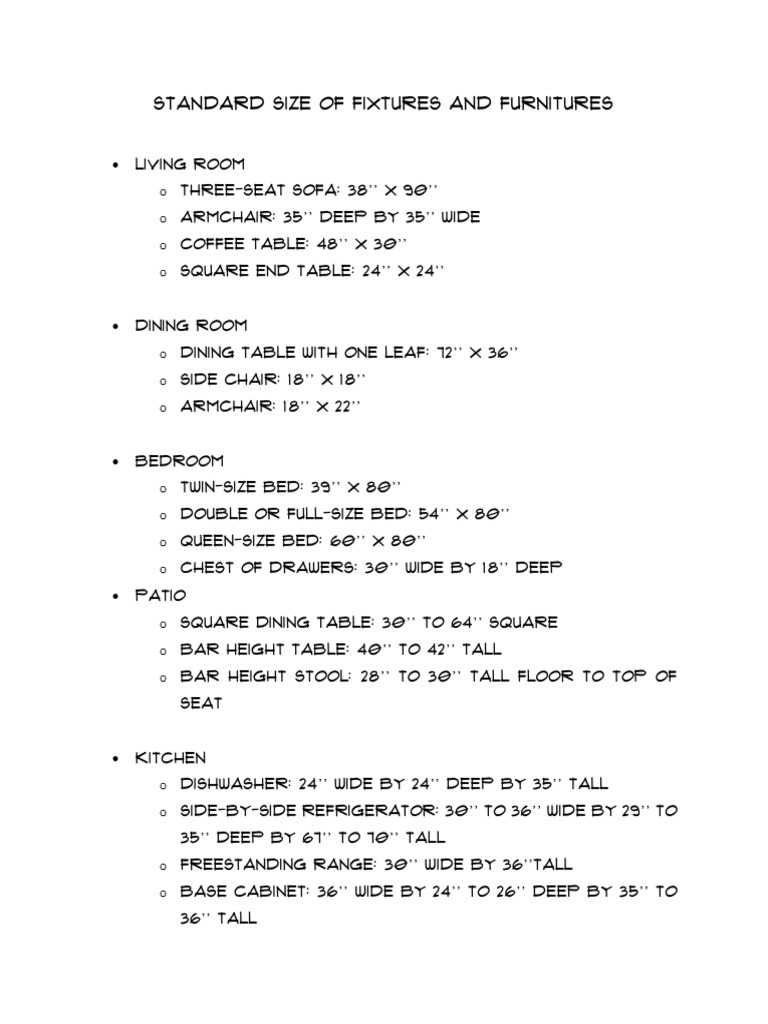 Standard Size of Fixtures and Furnitures | PDF