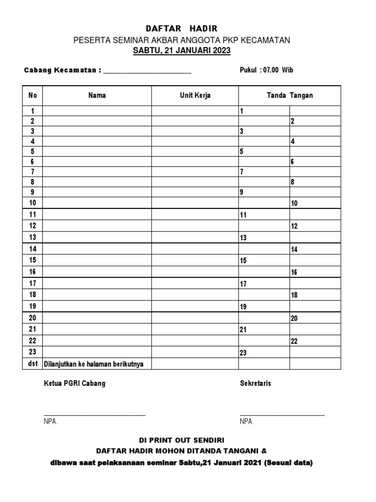 Daftar Hadir Seminar 21-1-2023 | PDF