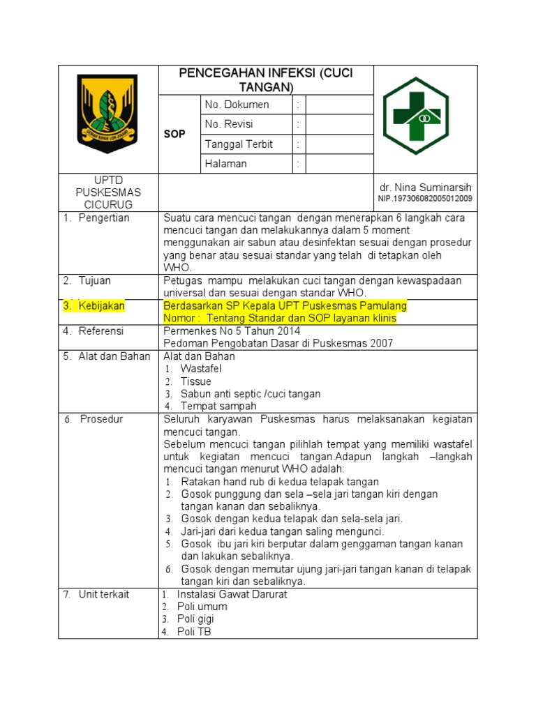 SOP Pencegahan Infeksi (Cuci Tangan) | PDF