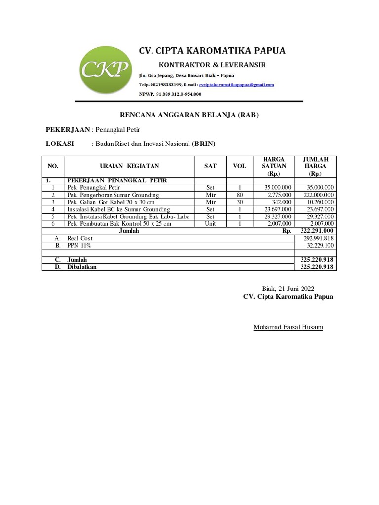 Rencana Anggaran Belanja Cv. CKP | PDF