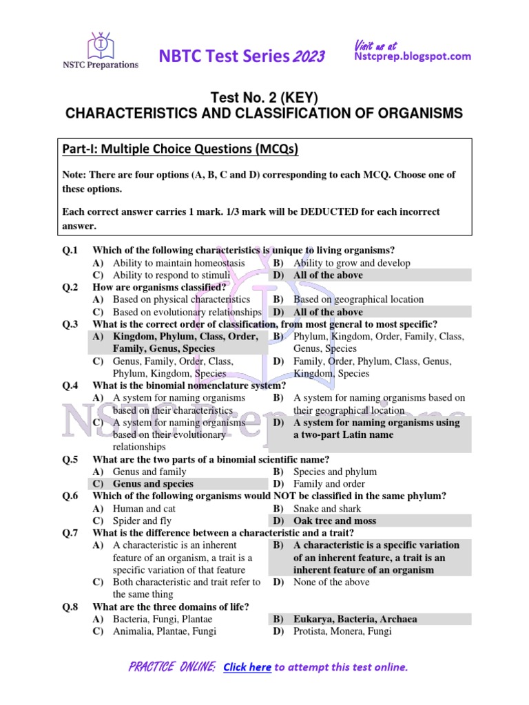 Test-2 Characteristics and Classification of Organisms (KEY) | PDF ...
