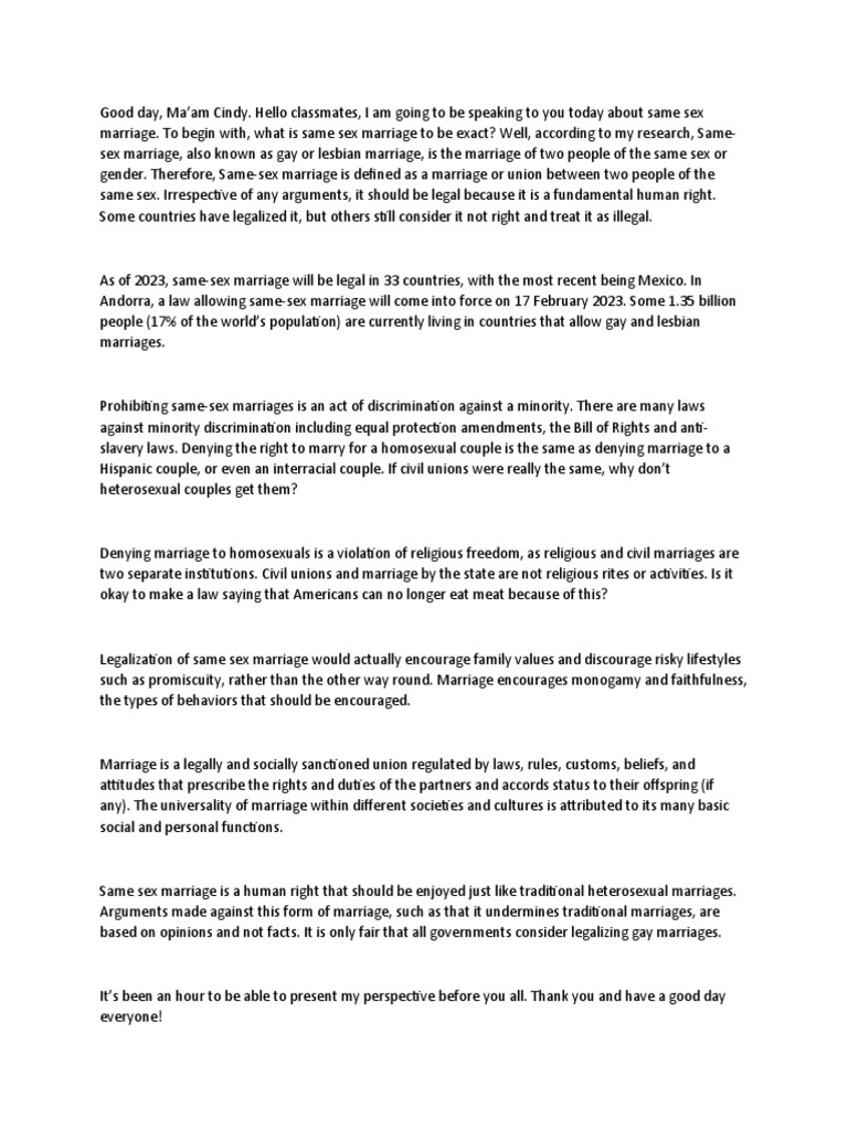 Speech For Same Sex Pdf Marriage Homosexuality