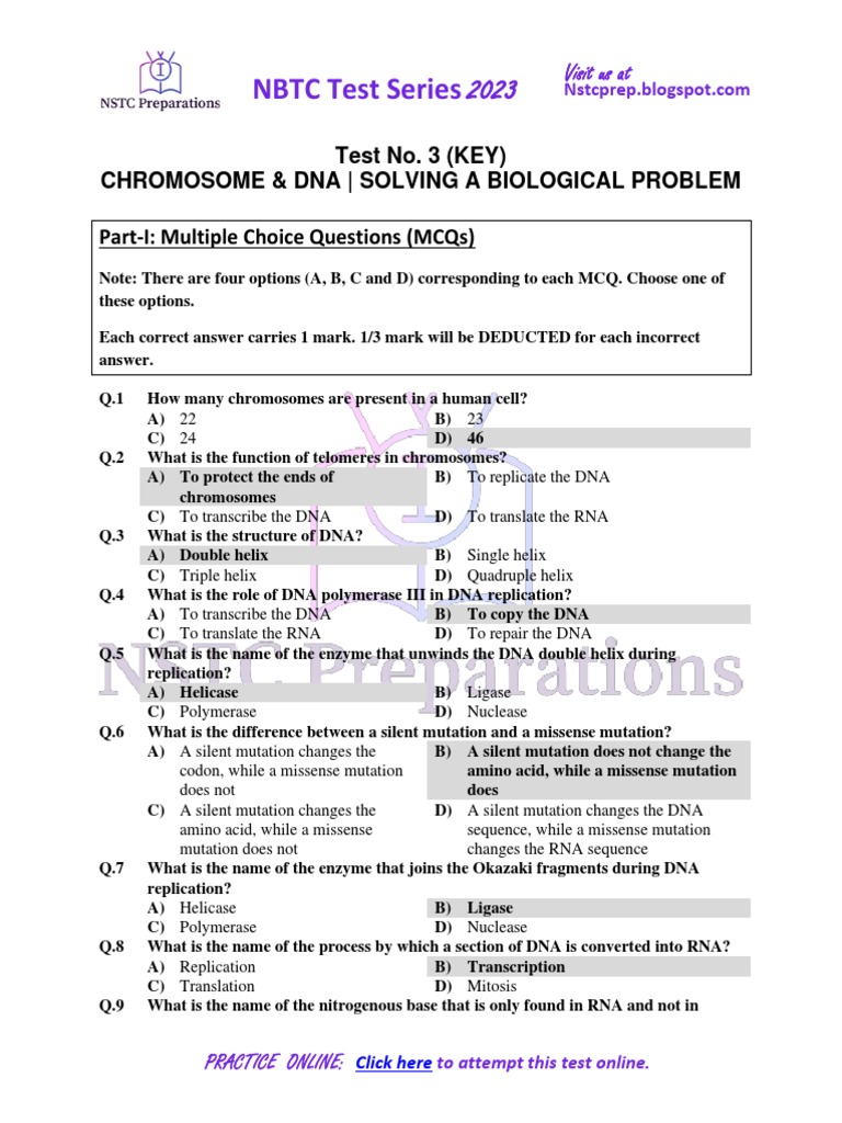 Test-3 Chromsome & DNA Solving A Biological Problem (KEY) | PDF | Dna ...