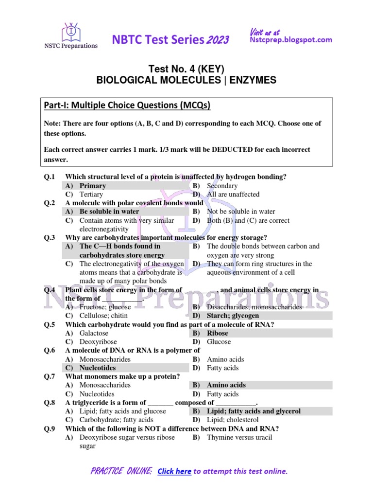 Test-4 Biological Molecules (Key) | PDF | Carbohydrates | Enzyme