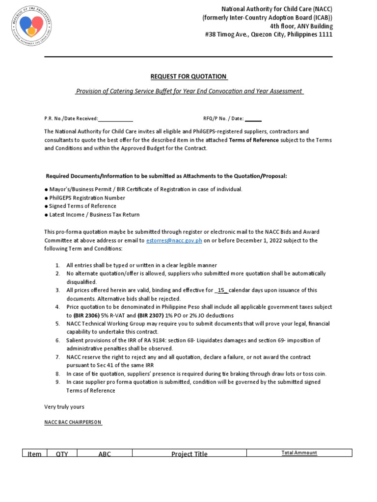REQUEST FOR QUOTATION Provision of Catering Service Buffet For Year End ...