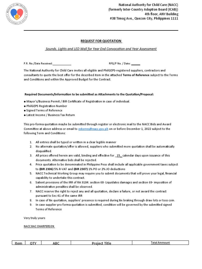 REQUEST FOR QUOTATION Sounds, Lights and LED Wall For Year End Convocation and Year Assessment ...