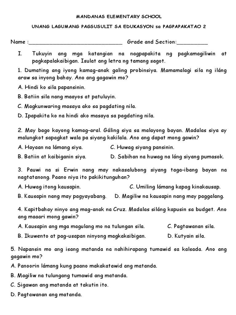 Summative Test in Esp 2 q2 | PDF